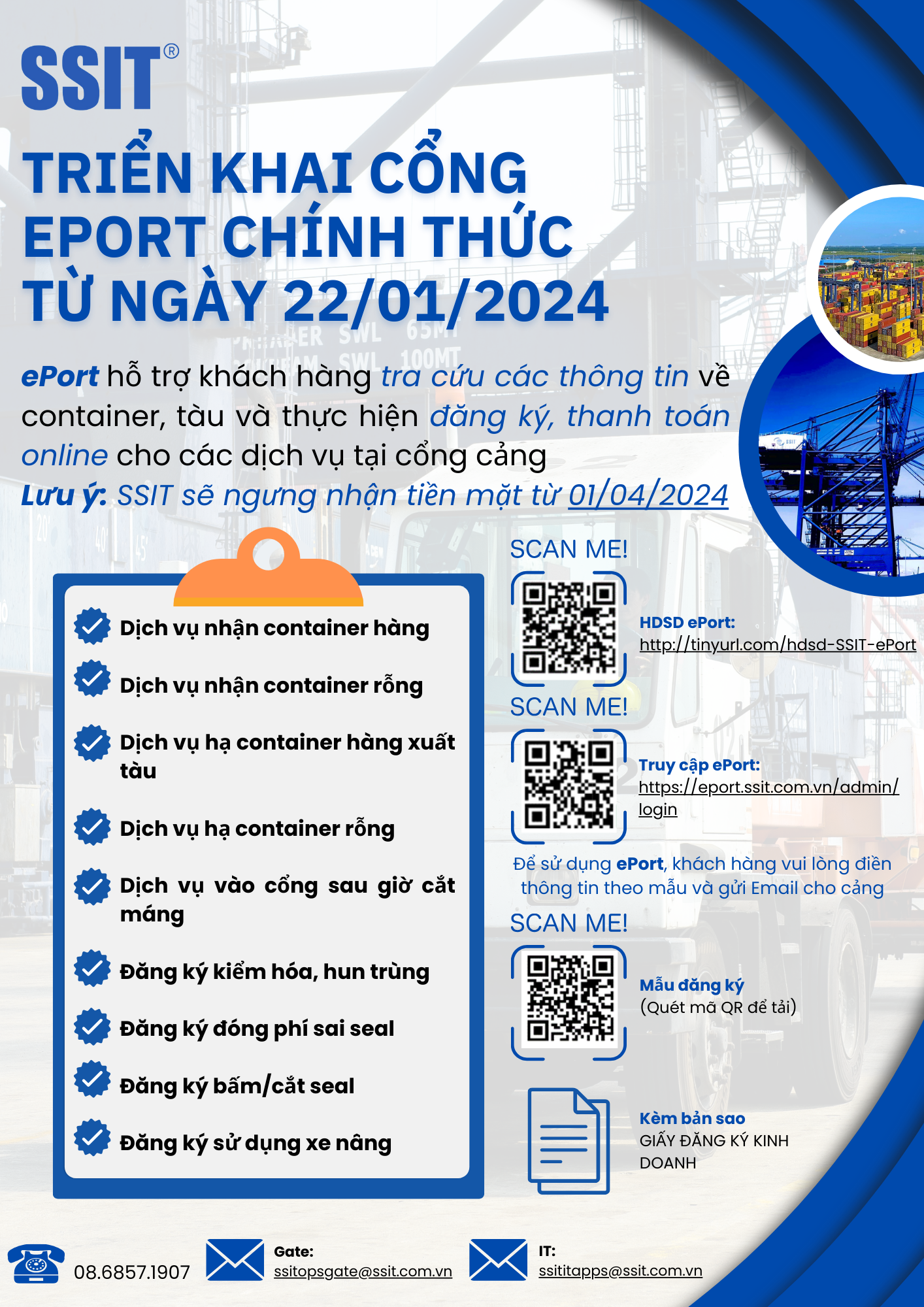 **THÔNG BÁO QUAN TRỌNG ** CẢNG SSIT SỬ DỤNG EPORT TỪ 22/01/2024